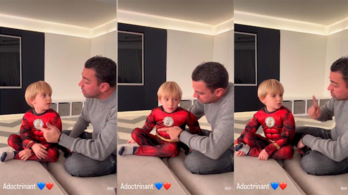 FC Barcelona | Xavi le enseña el himno del Barça a su hijo